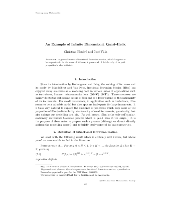 (PDF) An Example of Infinite Dimensional Quasi Helix