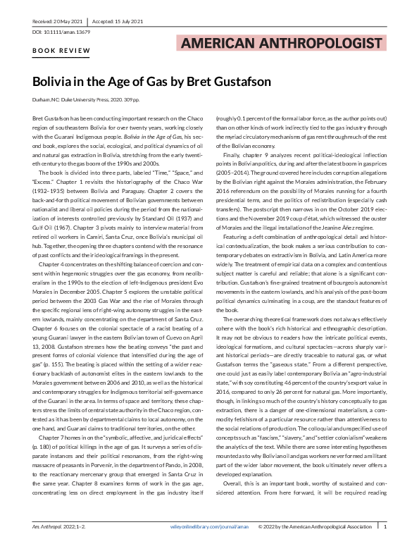 (PDF) Book Review - Bolivia in the Age of Gas by Bret Gustafson Durham ...