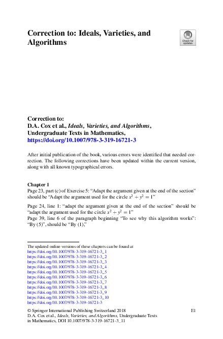 (PDF) Correction to: Ideals, Varieties, and Algorithms