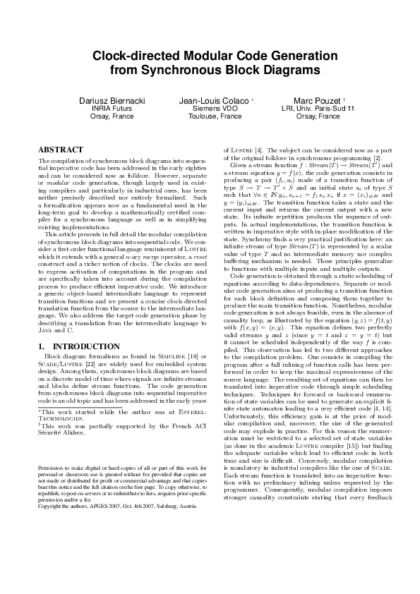 (PDF) Clock-directed Modular Code Generation from Synchronous Block Diagrams