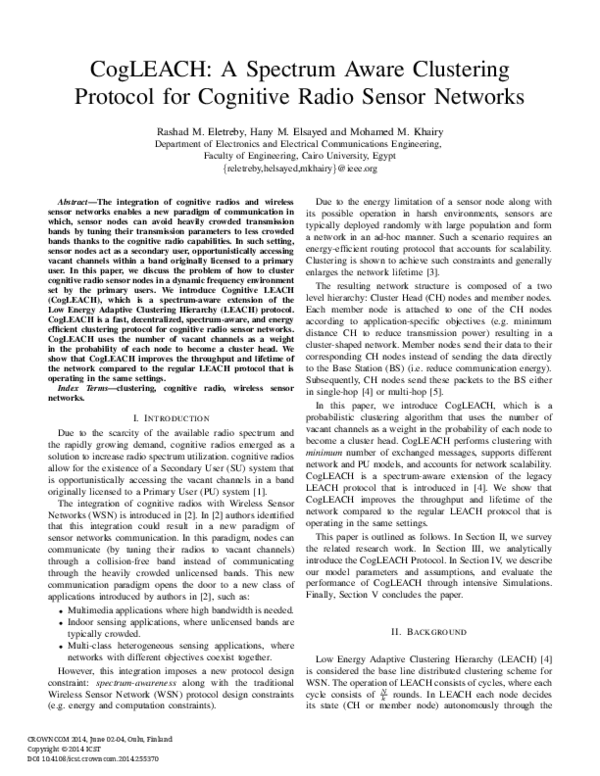 Pdf Cogleach A Spectrum Aware Clustering Protocol For Cognitive Radio Sensor Networks