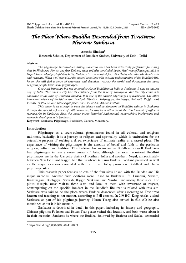 (PDF) The Place Where Buddha Descended from Tāvatimsa Heaven: Sankassa