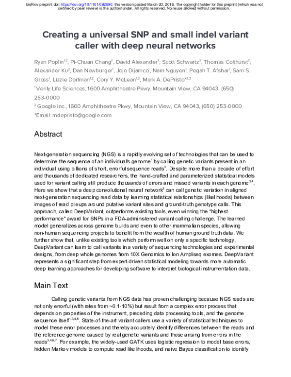 (PDF) Creating a universal SNP and small indel variant caller with deep neural networks
