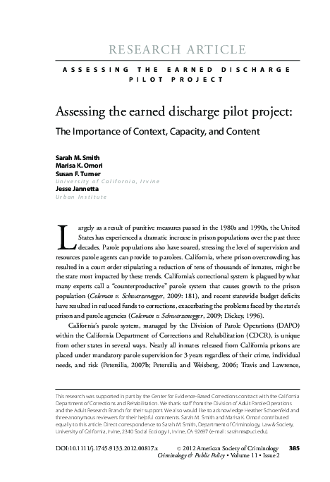 (PDF) Assessing the earned discharge pilot project | Jesse Jannetta ...