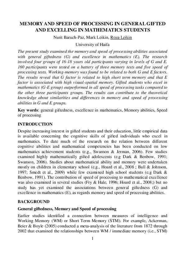 (PDF) Memory and speed of processing in general gifted and excelling in ...