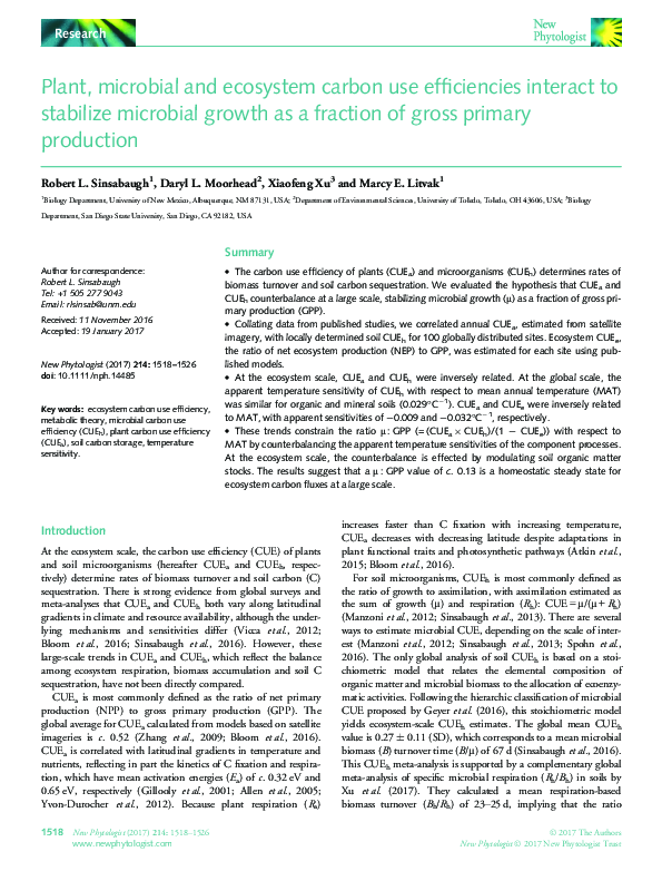 (PDF) Plant, microbial and ecosystem carbon use efficiencies interact ...