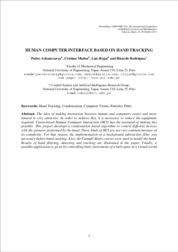 (PDF) Human Computer Interface Based on Hand Tracking