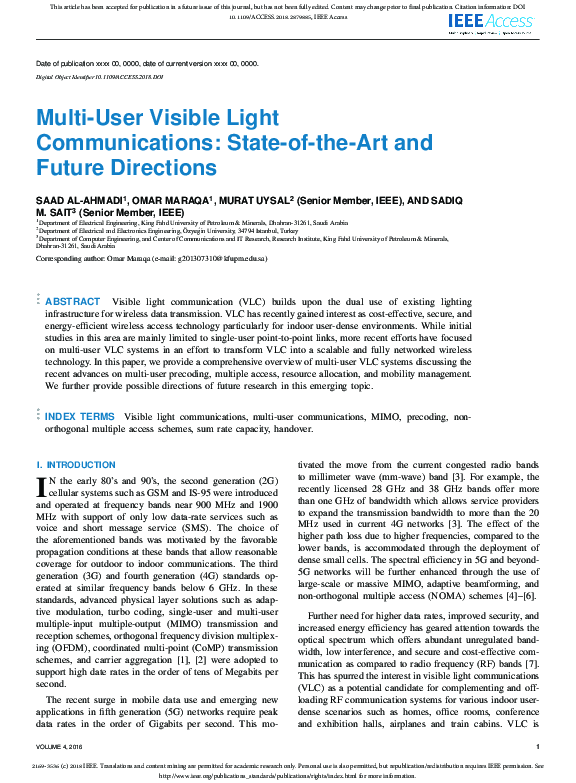 Pdf Multi User Visible Light Communications State Of The Art And