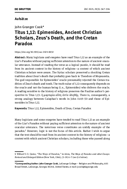 (PDF) Titus 1,12: Epimenides, Ancient Christian Scholars, Zeus's Death ...
