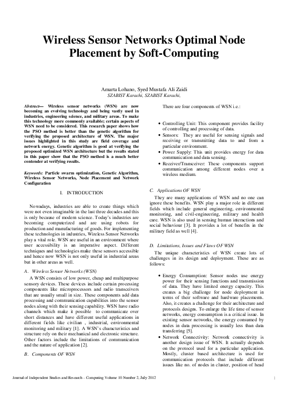 (PDF) Wireless Sensor Networks Optimal Node Placement by Soft-Computing