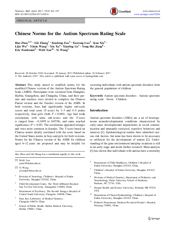 (PDF) Chinese Norms for the Autism Spectrum Rating Scale