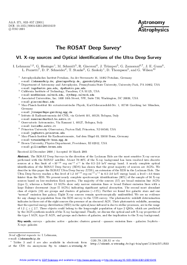 (PDF) The rosat deep survey: vi. x-ray sources and optical ...