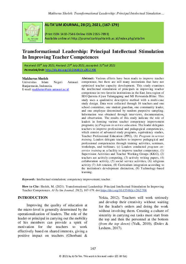 (PDF) Transformational Leadership: Principal Intellectual Stimulation In Improving Teacher ...