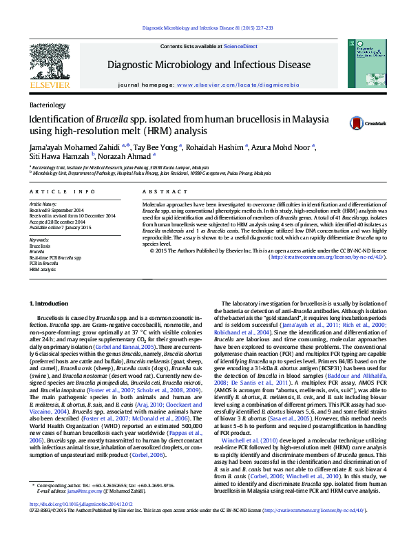 (PDF) Identification of Brucella spp. isolated from human brucellosis in Malaysia using high ...