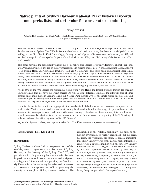 (PDF) Native plants of Sydney Harbour National Park: historical records ...
