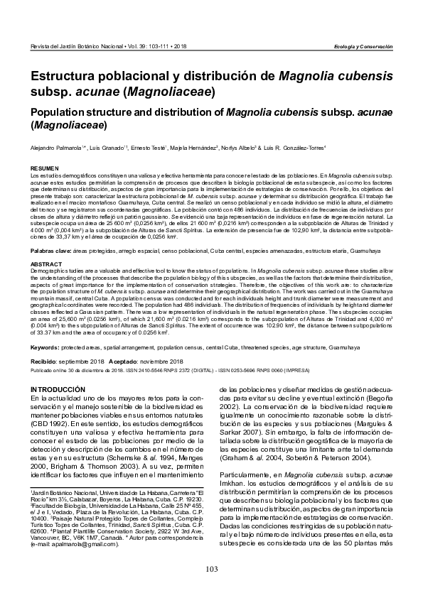 (PDF) Estructura poblacional y distribución de Magnolia cubensis subsp ...