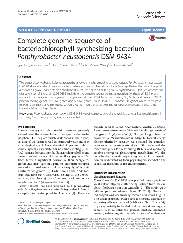 (PDF) Complete genome sequence of the bacteriochlorophyll a-containing ...