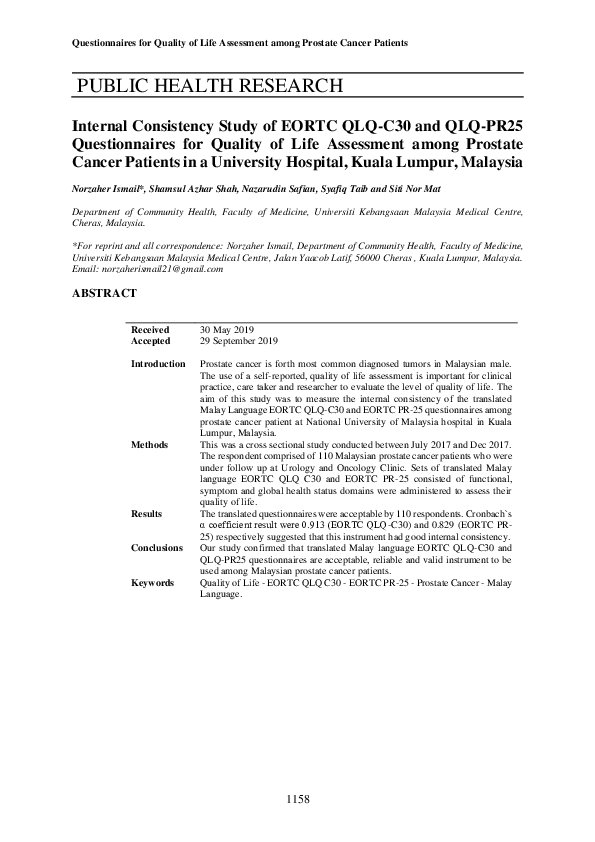 (PDF) Internal Consistency Study of EORTC QLQ-C30 and QLQ-PR25 Questionnaires for Quality of ...