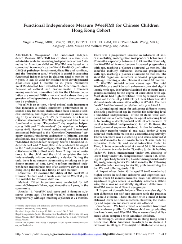 (PDF) Functional Independence Measure (WeeFIM) for Chinese Children ...