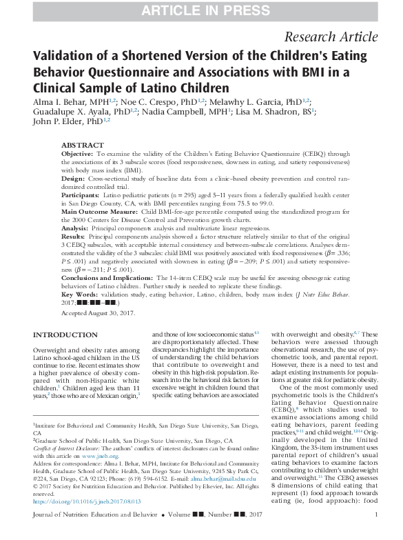 (PDF) Validation of a Shortened Version of the Children's Eating ...