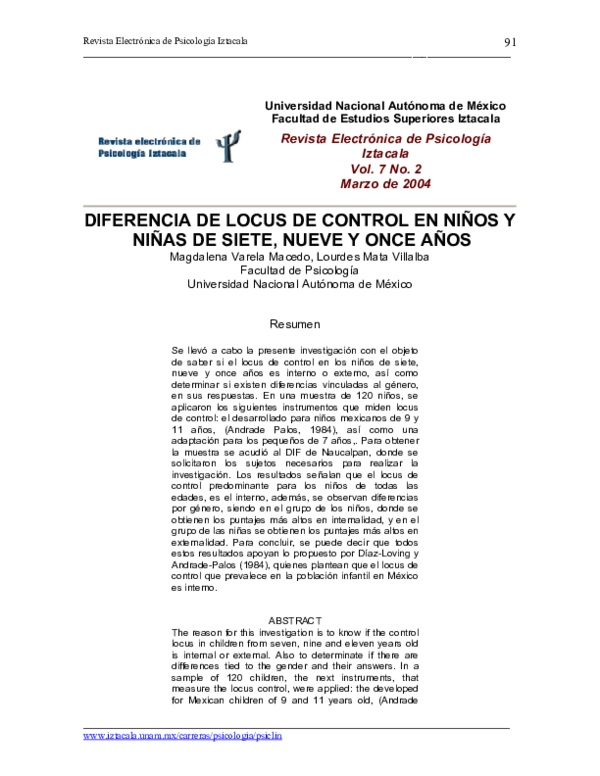 (PDF) Diferencia De Locus De Control en Niños y Niñas De Siete, Nueve y Once Años