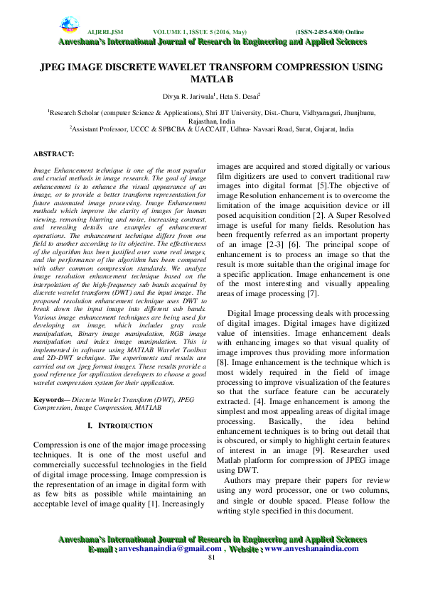 Pdf Jpeg Image Discrete Wavelet Transform Compression Using Matlab