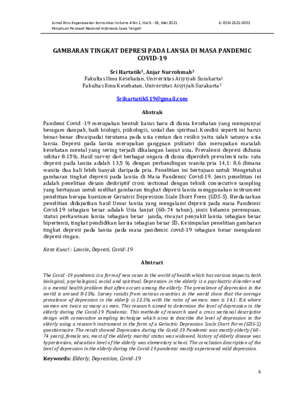 (PDF) Gambaran Tingkat Depresi Pada Lansia DI Masa Pandemic COVID-19