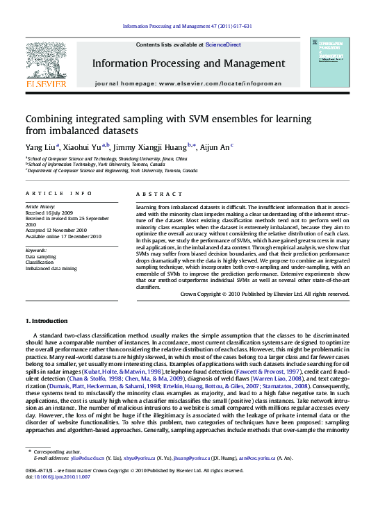 (PDF) Combining integrated sampling with SVM ensembles for learning from imbalanced datasets