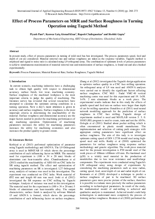 Pdf Effect Of Process Parameters On Mrr And Surface Roughness In Turning Operation Using