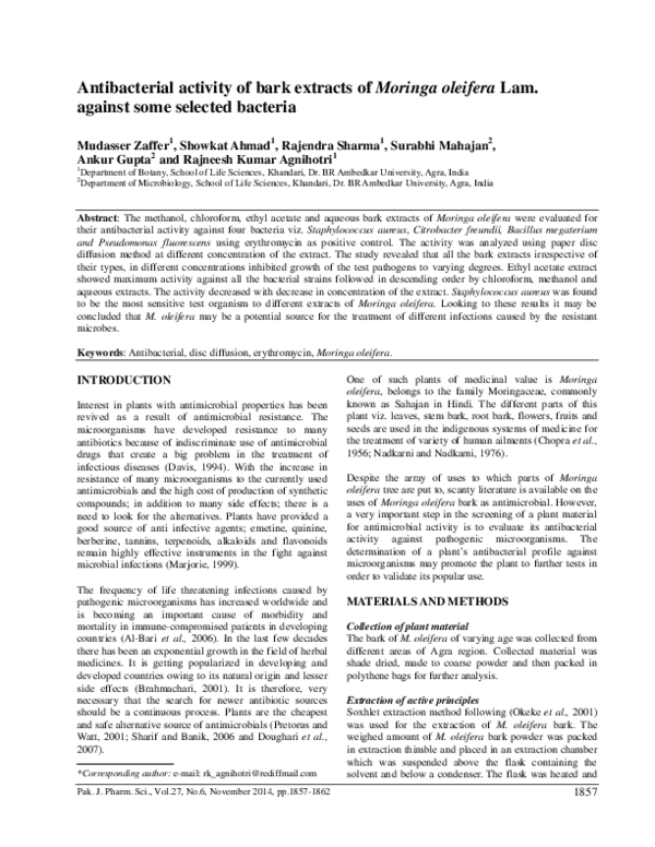 (PDF) Antibacterial activity of bark extracts of Moringa oleifera Lam. against some selected ...