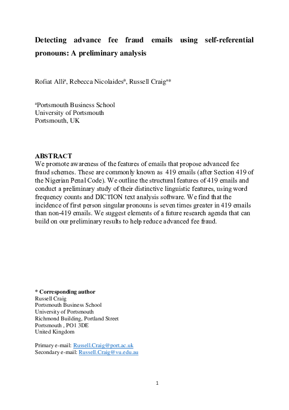 (PDF) Detecting advance fee fraud emails using self-referential ...