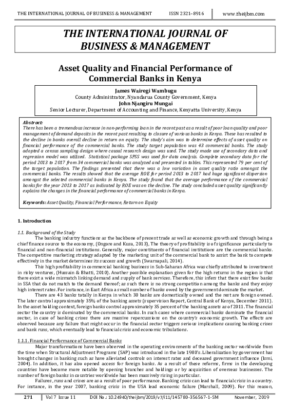 (PDF) Asset Quality and Financial Performance of Commercial Banks in Kenya