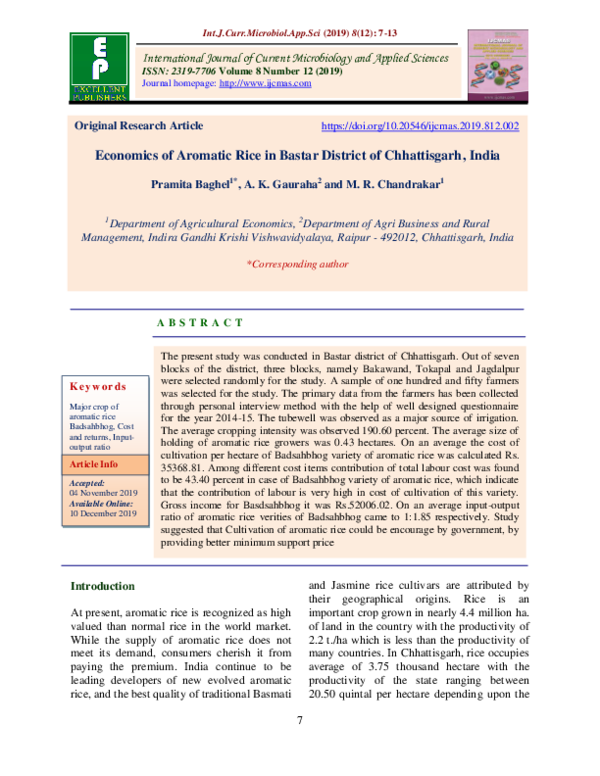 (PDF) Economics of Aromatic Rice in Bastar District of Chhattisgarh, India