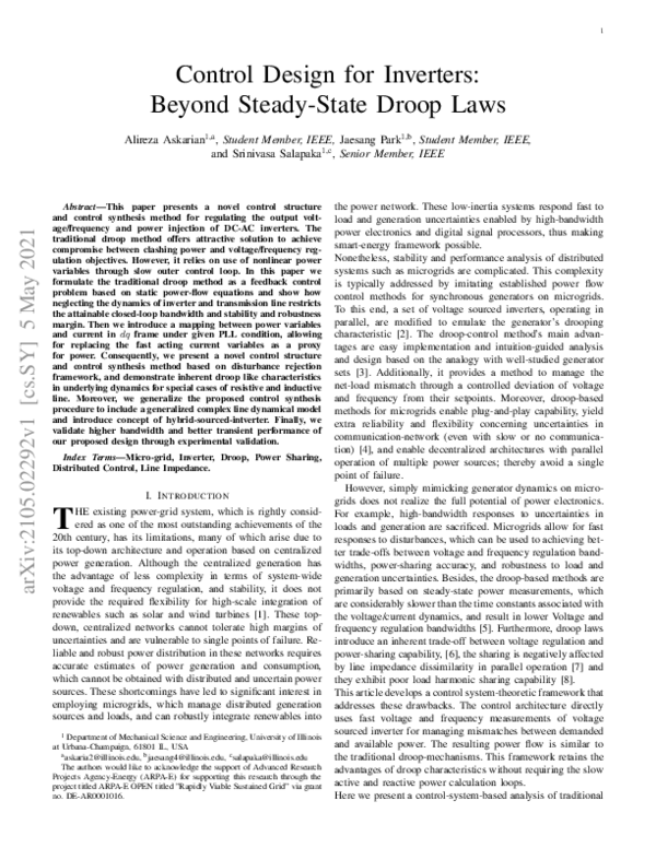 (PDF) Control Design for Inverters: Beyond Steady-State Droop Laws