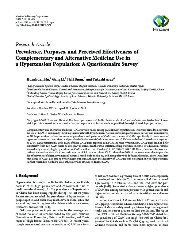 (PDF) Prevalence, Purposes, and Perceived Effectiveness of Complementary and Alternative ...