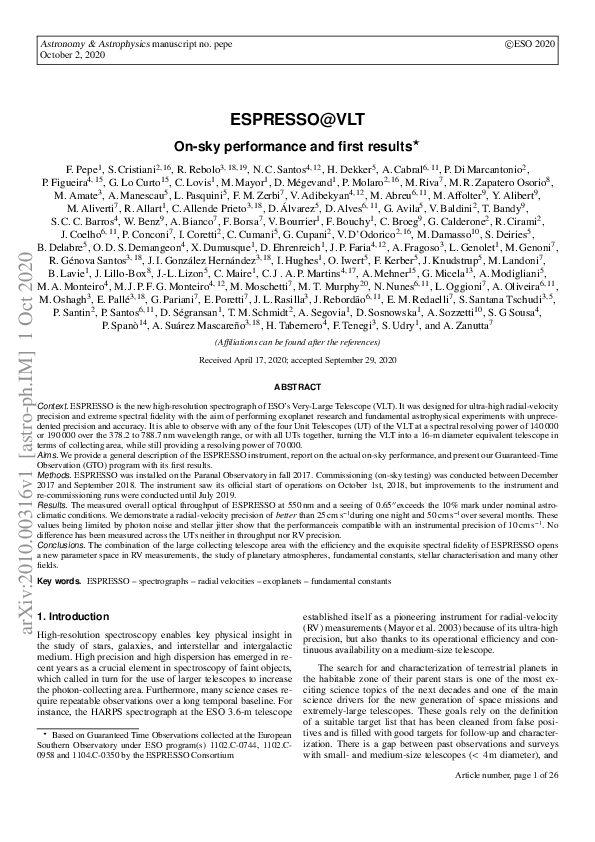 (PDF) ESPRESSO@VLT – On-sky performance and first results