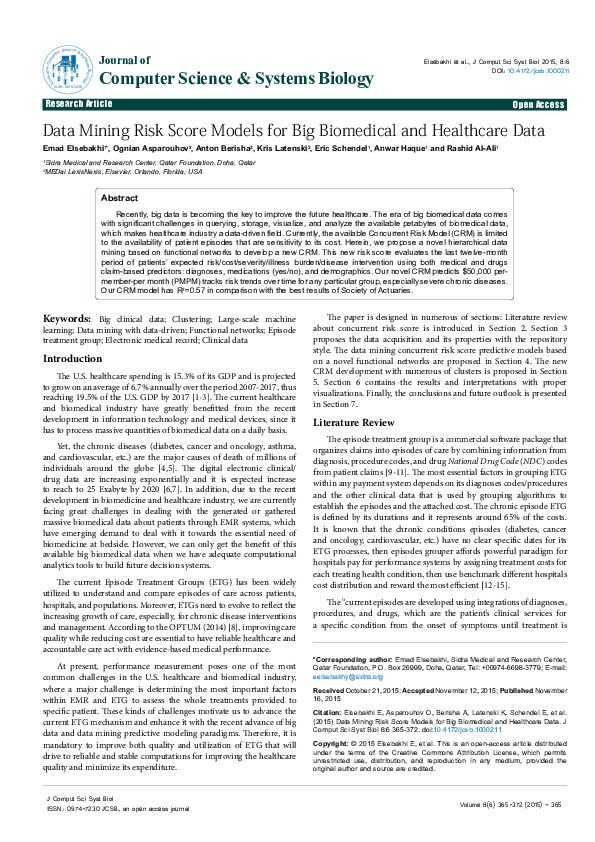 (PDF) Data Mining Risk Score Models for Big Biomedical and Healthcare Data
