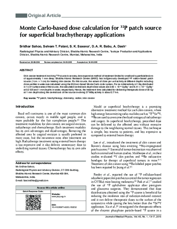 Pdf Monte Carlo Based Dose Calculation For 32 P Patch Source For Superficial Brachytherapy