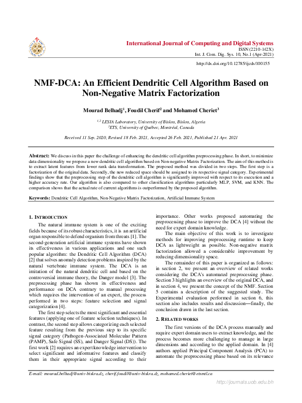 (PDF) Enhanced Dendritic Cell Algorithm via Non-negative Matrix Factorization