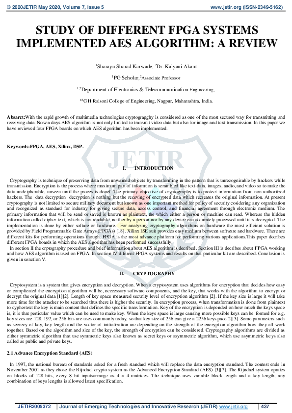(PDF) Study of Different Fpga Systems Implemented Aes Algorithm: A Review