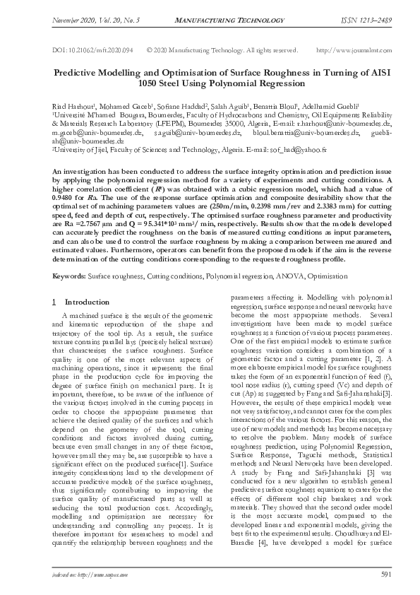 (PDF) Predictive modelling and optimisation of surface roughness in turning of AISI 1050 steel ...