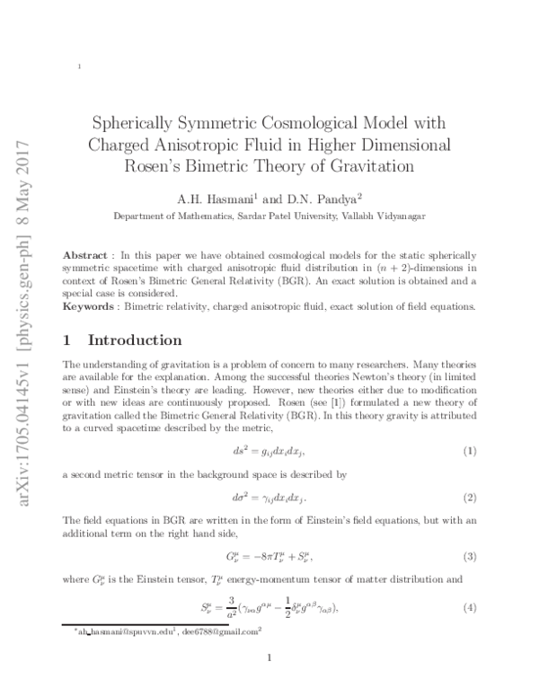(PDF) Spherically Symmetric Cosmological Model with Charged Anisotropic Fluid in Rosen ’ s ...