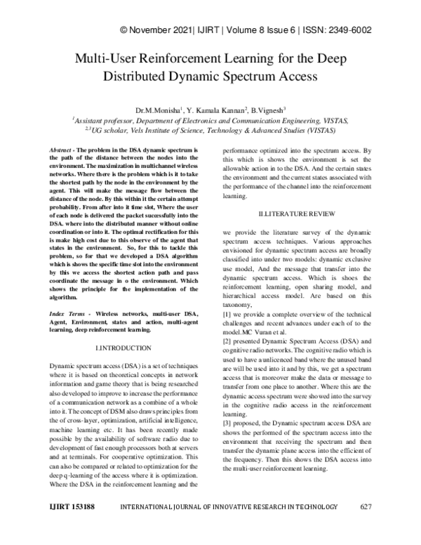 Pdf Multi User Reinforcement Learning For The Deep Distributed Dynamic Spectrum Access Ijirt 
