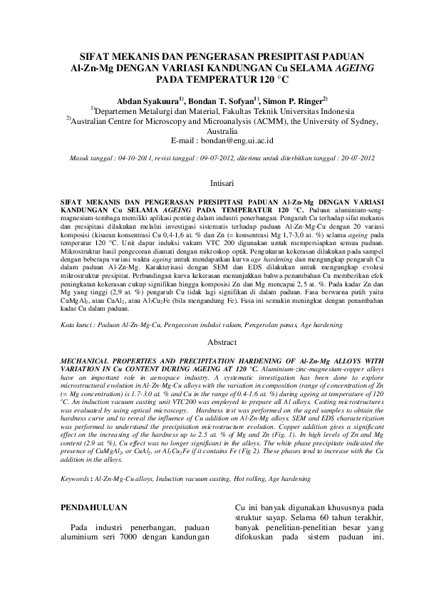 (PDF) SIFAT MEKANIS DAN PENGERASAN PRESIPITASI PADUAN Al-Zn-Mg DENGAN VARIASI KANDUNGAN Cu ...