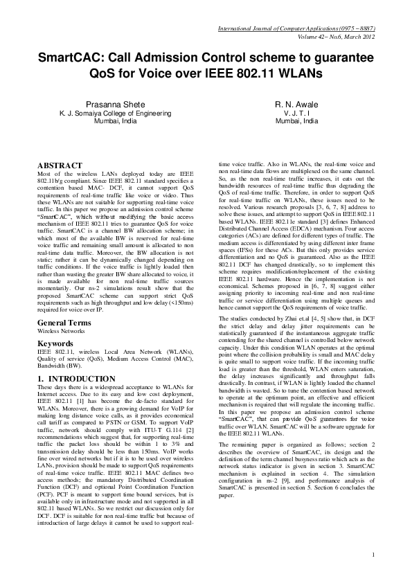 (PDF) SmartCAC: Call Admission Control scheme to guarantee QoS for Voice over IEEE 802.11 WLANs