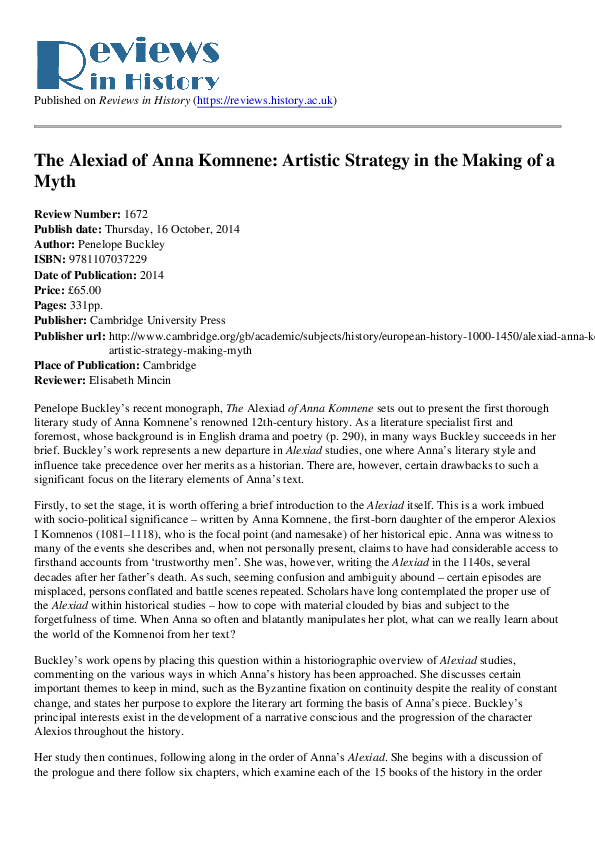 (PDF) The Alexiad of Anna Komnene: Artistic Strategy in the Making of a ...