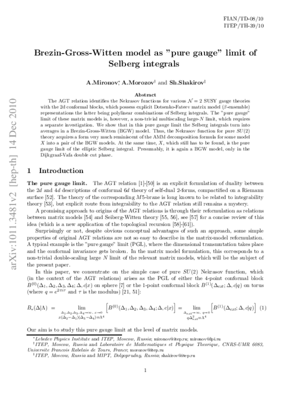 (PDF) Brezin-Gross-Witten model as “pure gauge” limit of Selberg integrals