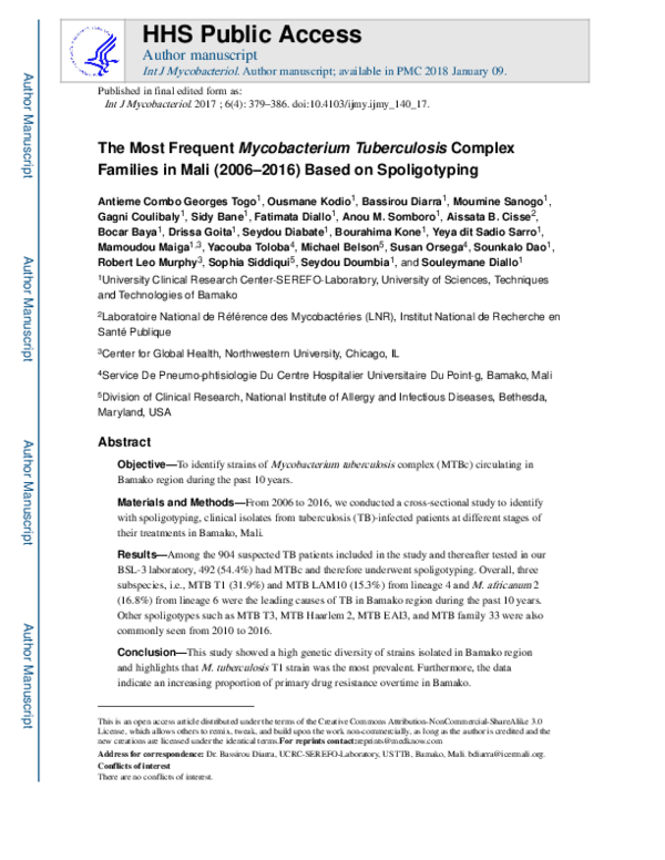 (PDF) The most frequent Mycobacterium tuberculosis complex families in mali (2006–2016) based on ...