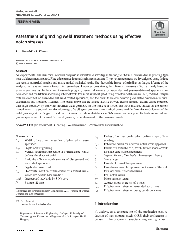 (PDF) Assessment of grinding weld treatment methods using effective ...