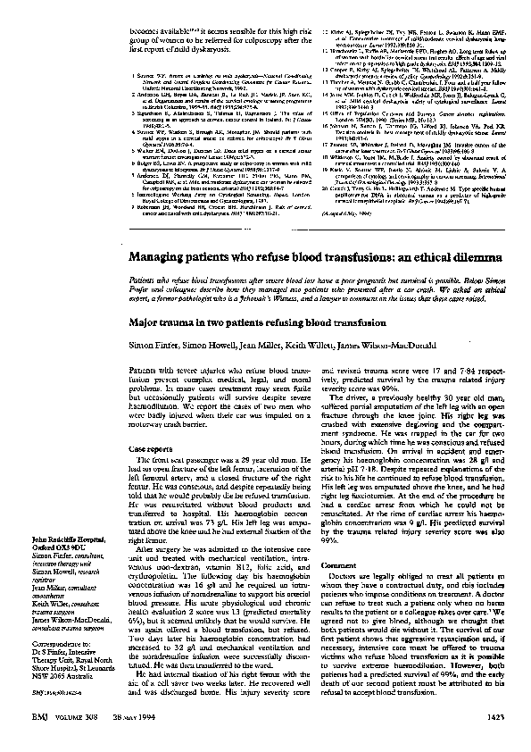(PDF) Managing patients who refuse blood transfusions: an ethical ...